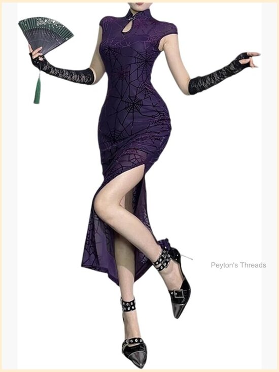 Dresses | Spider Web Side Slit Maxi Dress Sheer Gothic Mandarin Collar ...
